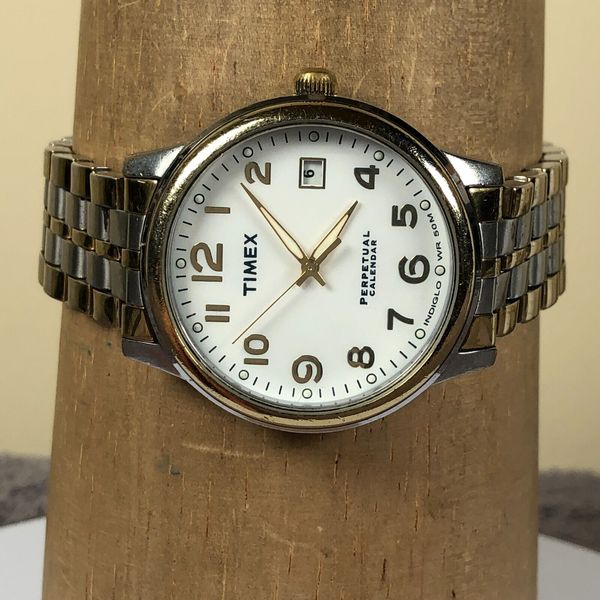 Timex Perpetual Calendar Men Indiglo Two-Tone 37mm Quartz Analog Watch ...