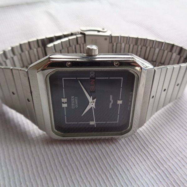 RARE COLLECTIBLE VINTAGE JAPAN BLUE DIAL SQUARE SS CITIZEN MEN QUARTZ ...