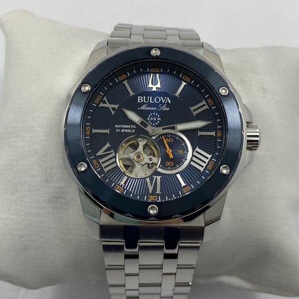 Bulova Marine Star Automatic Blue Skeleton Dial Steel Men's Watch ...