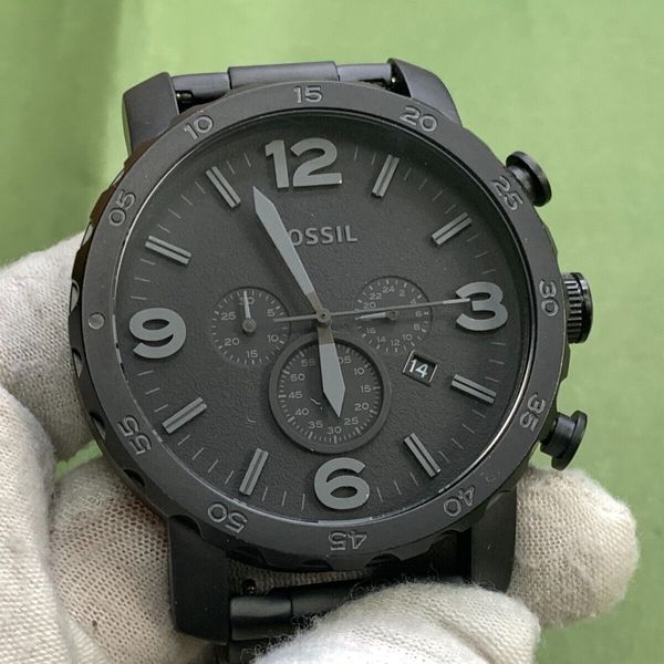 Fossil JR1401 Men Nate Black Dial Black S/S Strap Quartz Chronograph ...