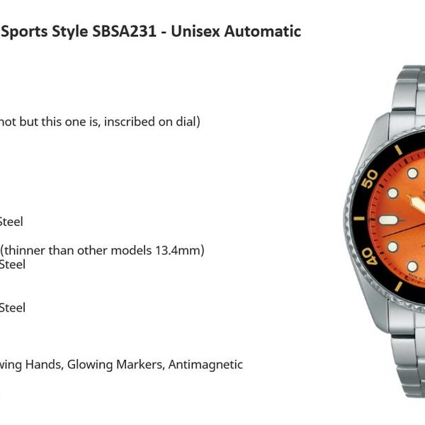 Seiko 5 SBSA231 Automatic Unisex Orange Dial | WatchCharts Marketplace