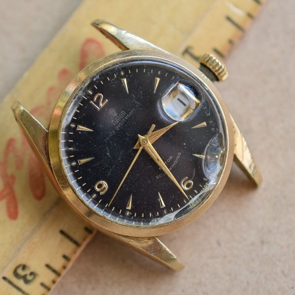 Vintage TUDOR Gold Filled Automatic Black Gilt Dial Watch Running AS IS ...