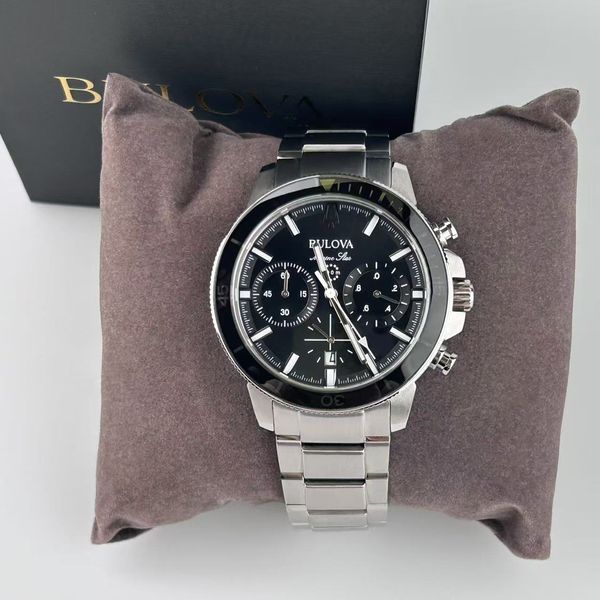 New Bulova Marine Star Black Dial Stainless Steel Men's Quartz Watch ...
