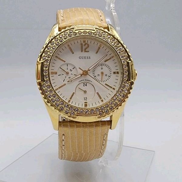 Guess Waterpro Genuine Leather Gold Chronograph Analog Watch ...