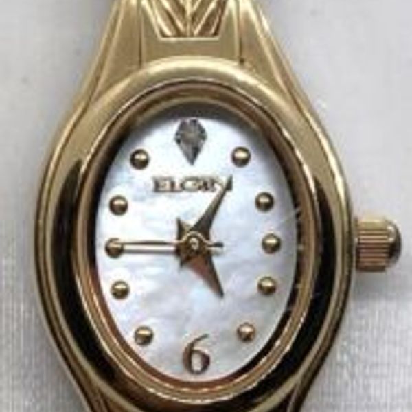 ELGIN Ladies Watch New Battery Dainty Oval MOP Dial Slim Etched Gold 7 ...