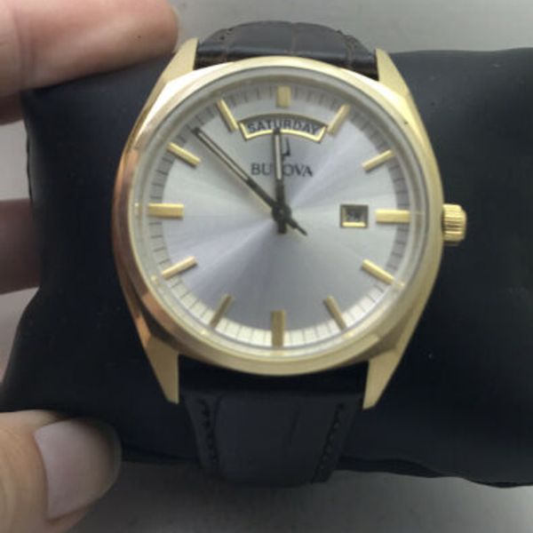 Bulova Men's Classic Silver Tone Dial Brown Leather Strap Watch 97C106 ...