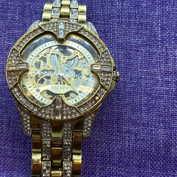 Elgin Men's Watch FG9919 Automatic Gold Tone S. Steel Crystals Skeleton ...