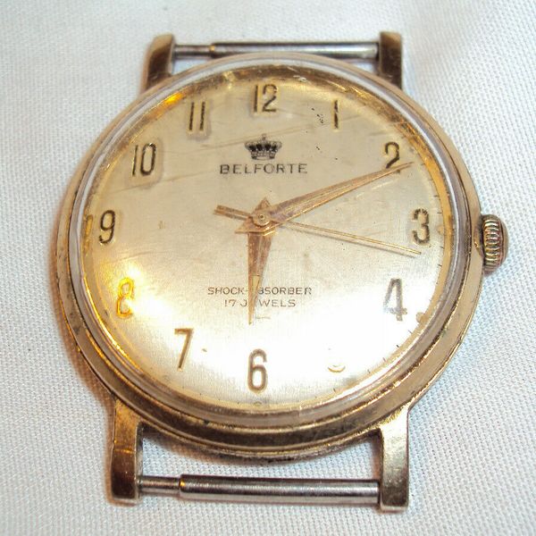 Vintage Belforte 17 jewel shockabsorber Men's watch gold plate runs ...