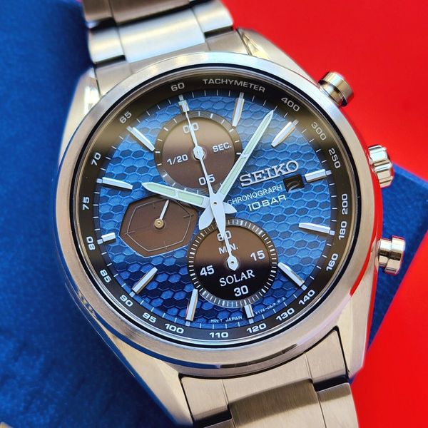 Seiko Chronograph Watch Rare Blue Solar Dial Bracelet V176-0BH0 ...