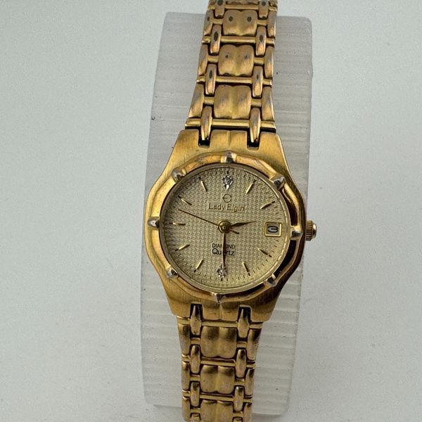 Vintage Lady Elgin Quartz Watch Gold Tone Diamonds Date Analog New ...