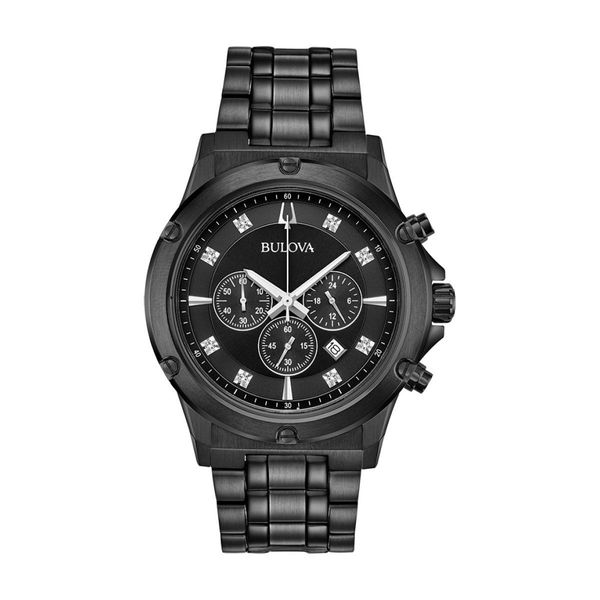 BULOVA WITH 42MM ROUND BLACK DIAMOND DIAL AND STAINLESS STEEL BAND BOX ...