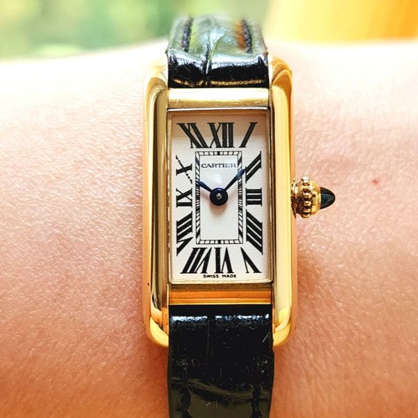 Cartier Mini Tank Allongee 18K Yellow Gold White Roman Dial Leather ...