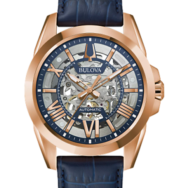 Bulova Sutton Automatic Silver Skeleton Dial Blue Leather Men's Watch ...
