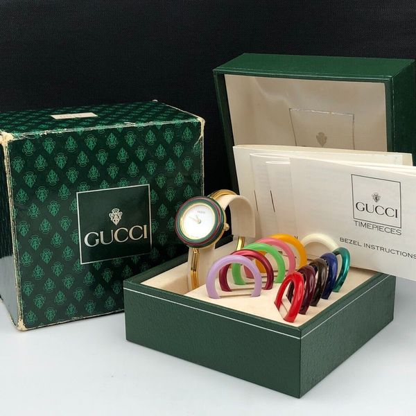 Auth Gucci Change Bezel 12 Colors Gold White Women Watch 6.5inc Quartz ...