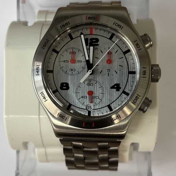 New Swiss Swatch Irony SILVER AGAIN Chronograph Date Steel Watch 44mm ...