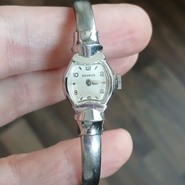 Vintage Ladies BENRUS Bracelet Bangel Wristwatch White Gold Filled ...