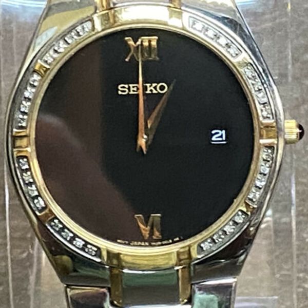 SEIKO Two Tone Stainless Diamond Bezel Quartz Watch 7N39-OBRO Roman ...