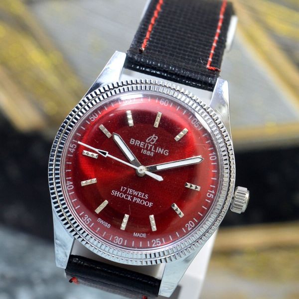 Vintage Breitling Red Dial 17 Jewels Hand Wind Mechanical Men's Wrist ...