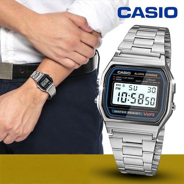 NUOVO CASIO Retro Classico Unisex Digitale Bracciale Acciaio Orologio A158WA-1YES Argento ...