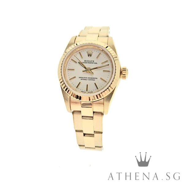 ROLEX 18K YELLOW GOLD LADIES OYSTER PERPETUAL 24MM “SILVER INDEX DIAL ...