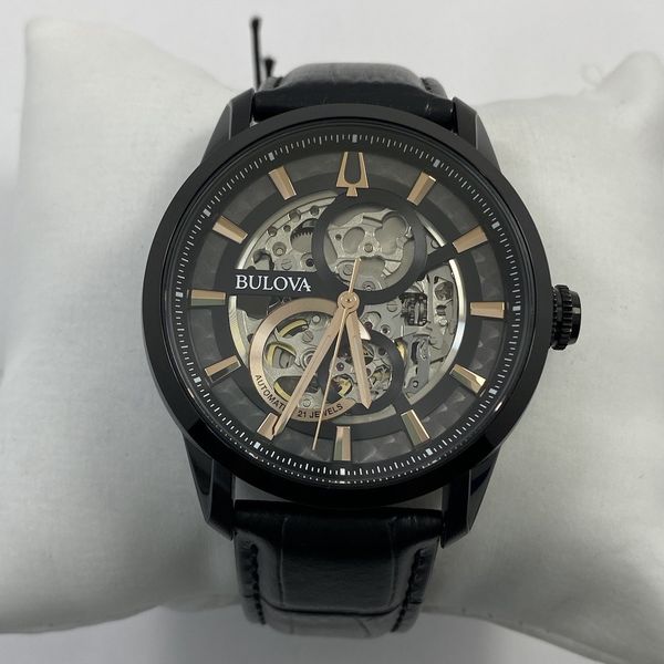 Bulova Sutton Automatic Skeleton Dial Black Leather Strap Men's Watch ...