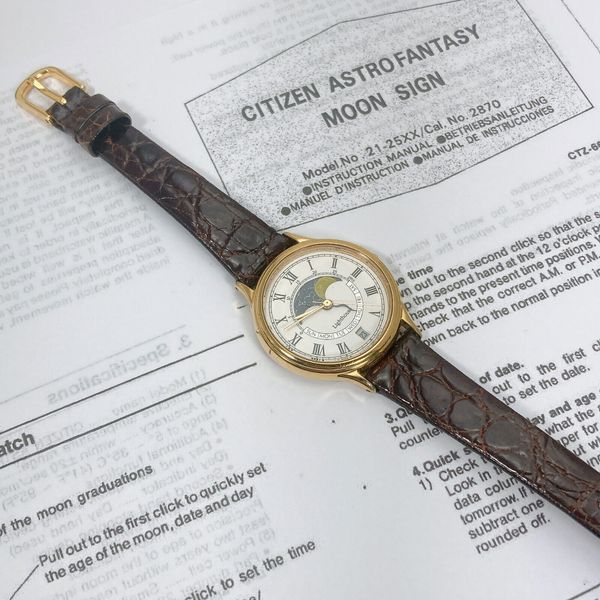 CITIZEN ASTRO FANTASY MOON SIGN Moon Phase Watch Day Date VTG 2870 ...