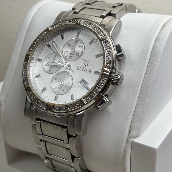 BULOVA 96E03 Diamond Chronograph Date Silver Dial Stainless Steel Men's ...