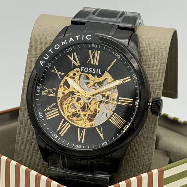 New Authentic Fossil Flynn Automatic Skeleton Black Gold BQ2092 Men's ...