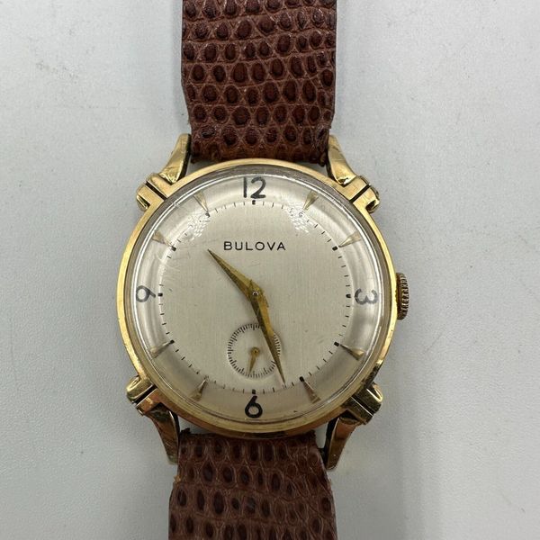 Vintage Bulova Watch Men 14K Gold Brown Band Manual Wind L3 1953 9 ...