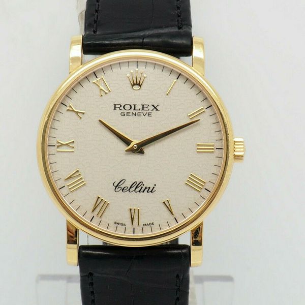 ROLEX Cellini 18K Gold Ivory Jubilee Roman Dial Black Leather Band 32mm ...