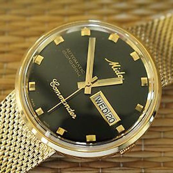 NOS MIDO 8429 AUTOMATIC GOLD COMMANDER RARE BLACK DATODAY DIAL WATCH ...