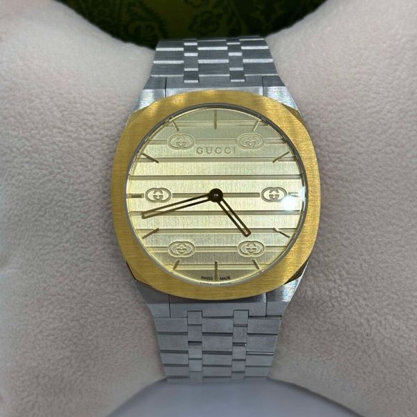 GUCCI 25H Mens 38mm Gold Dial Silver Stainless Steel Strap Quartz Watch ...
