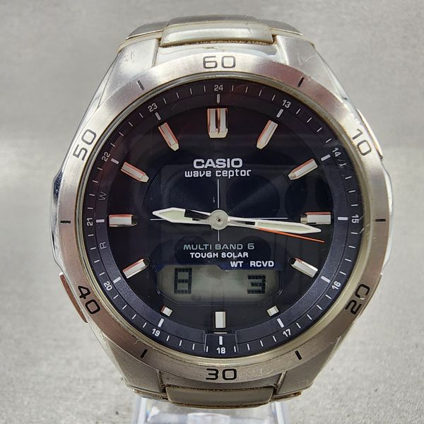 Casio Wave Ceptor Watch Men 42mm Blue Dial Steel Solar Analog Digital ...