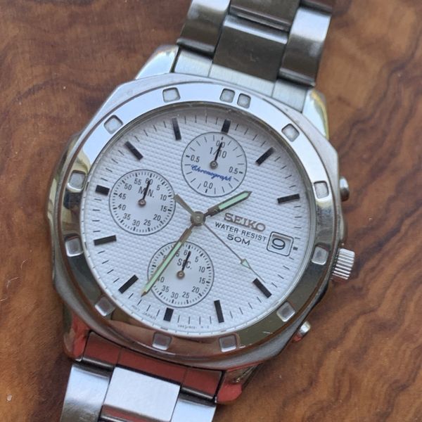 Seiko V657-9010 Chronograph Date White Dial, All Stainless Steel MENS ...