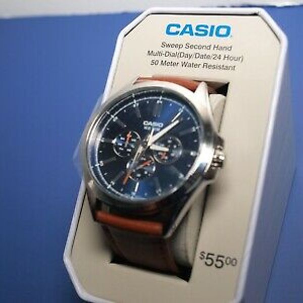 Casio Dress/Casual Multi-Dial Watch Khaki Brown Leather Band Model ...