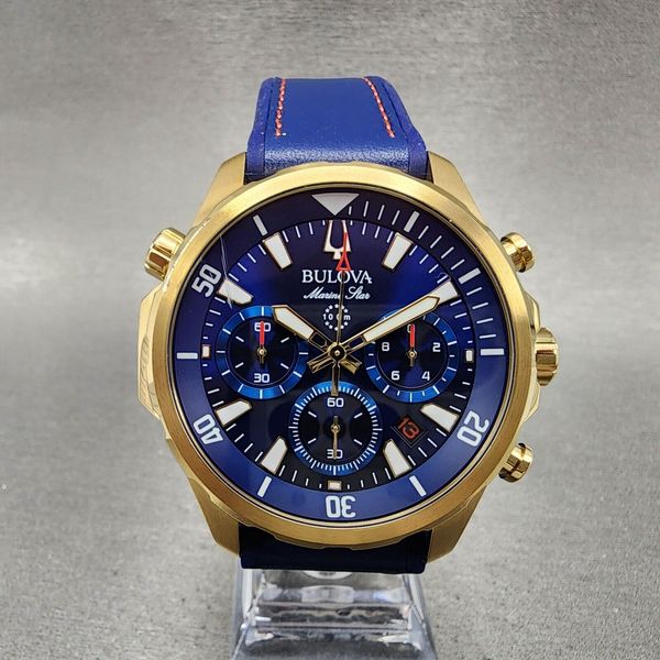 Bulova Marine Star Chronograph Watch Men 44mm Blue Dial Gold Tone Date ...