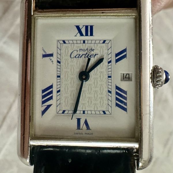 Cartier Tank Silver Mens Blue Hands Sapphire Crown Date Quartz No ...