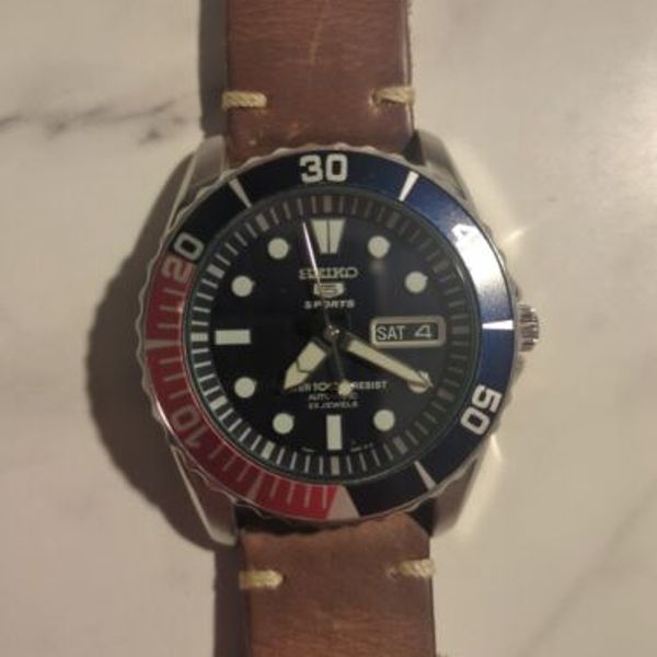 SEIKO 5 Sports Pepsi Bezel 100M Mens Dive Watch | Horween Leather Band ...