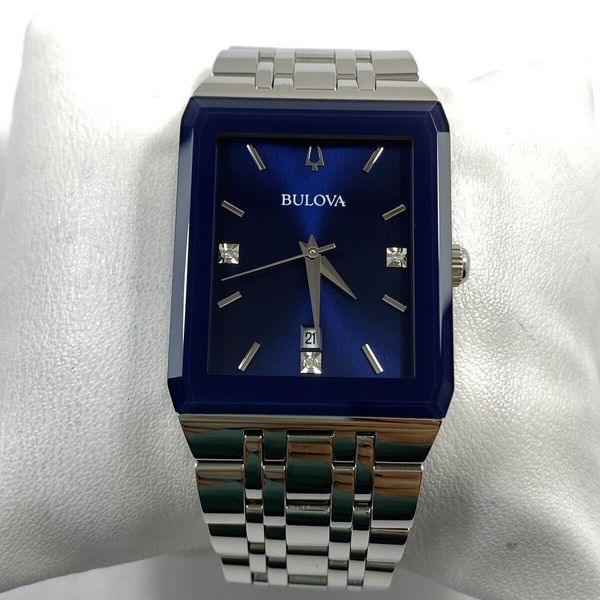 Bulova Quadra Diamond Accent Blue Dial Stainless Steel Men's Watch ...