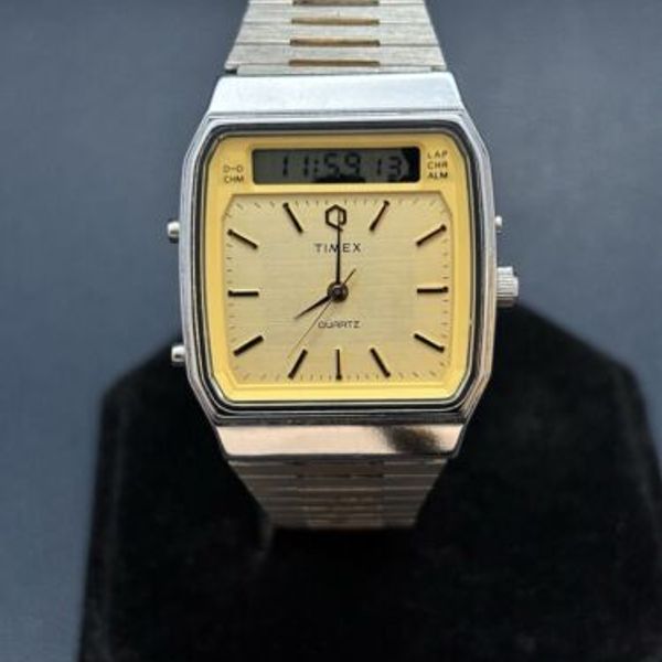 Vintage TIMEX Q Dual Tone Analog Digital V Cell Quartz Watch - READ ...