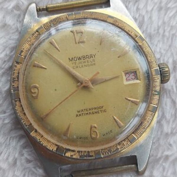 VINTAGE SWISS MOWBRAY 17 JEWELS MENS CALENDAR WATCH HEAD. SWISS. SPARES ...