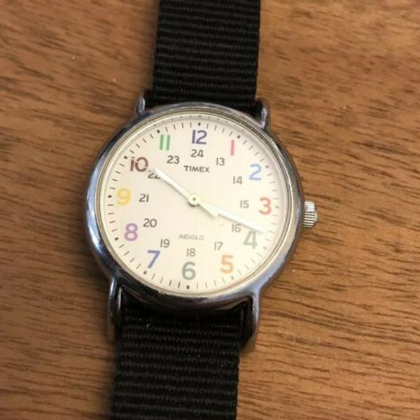 Timex Indiglo Womens Watch Multi Color Rainbow Numbers White Face ...