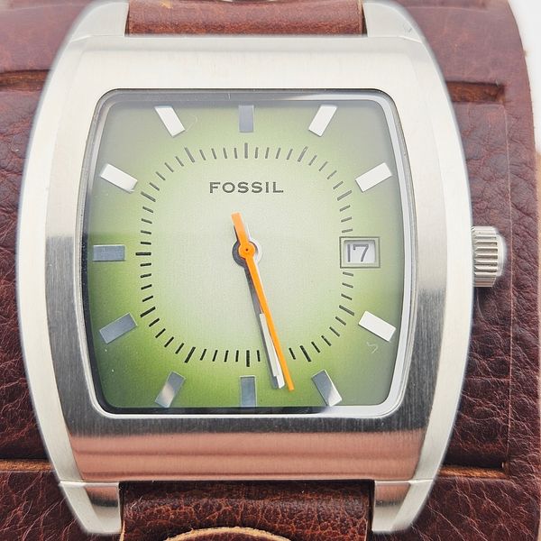 Fossil Women's Wide Band green Dial Bracelet Watch Silver Bold Chunky ...