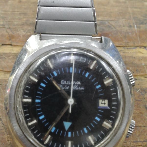 Vintage Bulova Wrist Alarm Blue Dial Date Mechanical Wind Up Wrist ...