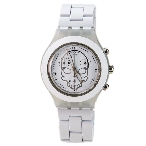 New Swatch Irony Chrono Full Blooded White Skull Date Watch 43mm ...