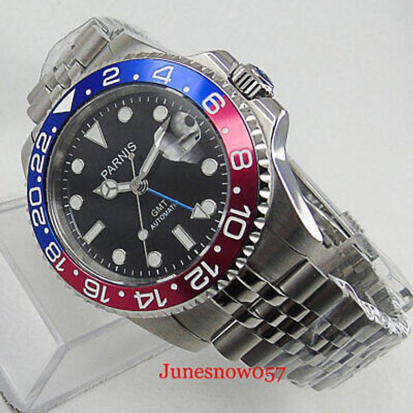 PARNIS GMT Mechanical Men Wristwatch Date BLUE RED Insert Jubilee ...