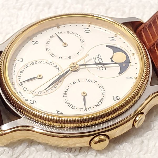 Vintage Seiko Men's Moon Phase Day Date Watch Gold Tone White Dial ...