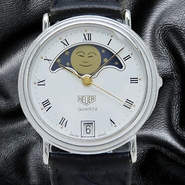TAG HEUER MOON PHASE Ref.HL-100C SS White Dial Leather Strap Quartz Box ...