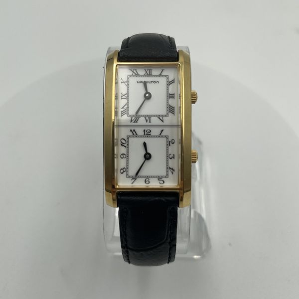 Hamilton Dual Time Zone Gold Tone Watch 6274 Roman & Arabic Dial Black ...
