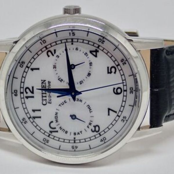 Citizen Eco Drive Stainless Leather White Dial Day Date Mens Watch 8635 ...